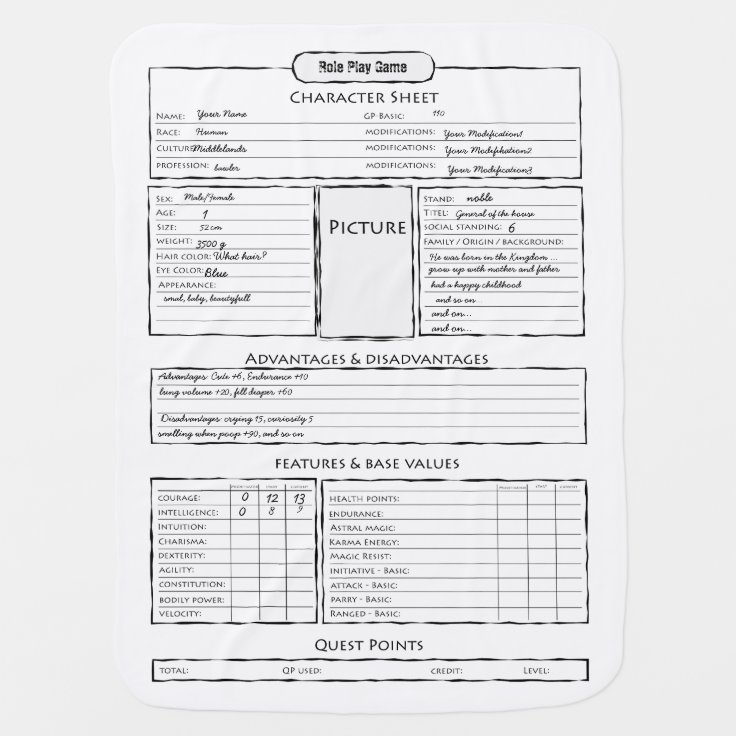 Role play game character sheet swaddle blanket | Zazzle