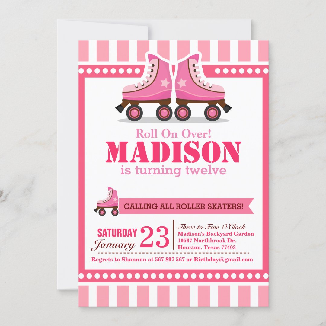 Roll on over! Pink Roller Skate Sport Birthday Invitation | Zazzle