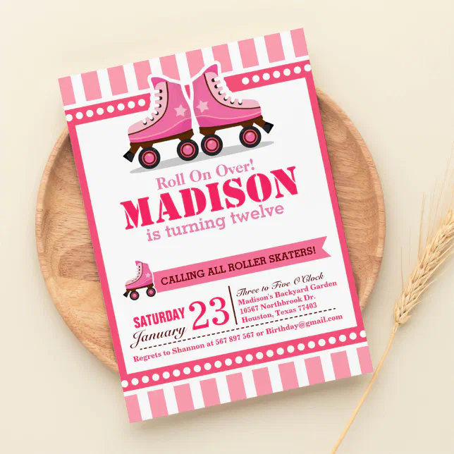 Roll on over! Pink Roller Skate Sport Birthday Invitation | Zazzle