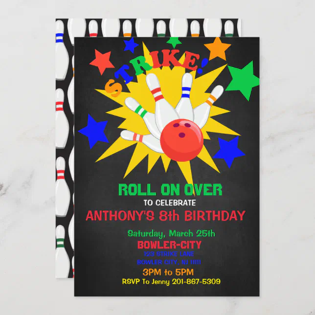 Roll On Over... STRIKE Bowling Birthday Party Invitation | Zazzle