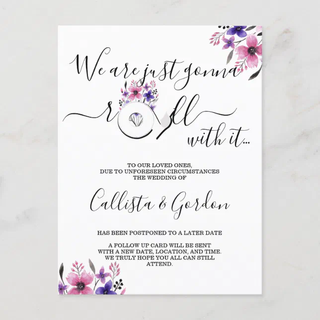 Roll With It Pink Purple Floral Change the Date Announcement Postcard ...