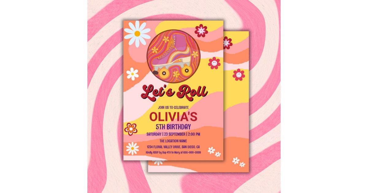 Roller Skate Groovy Retro Girl Birthday Party Invitation | Zazzle