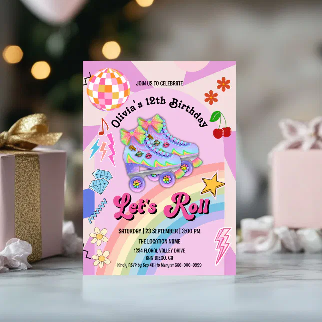 Roller Skate Groovy Retro Girl Birthday Party Invitation | Zazzle