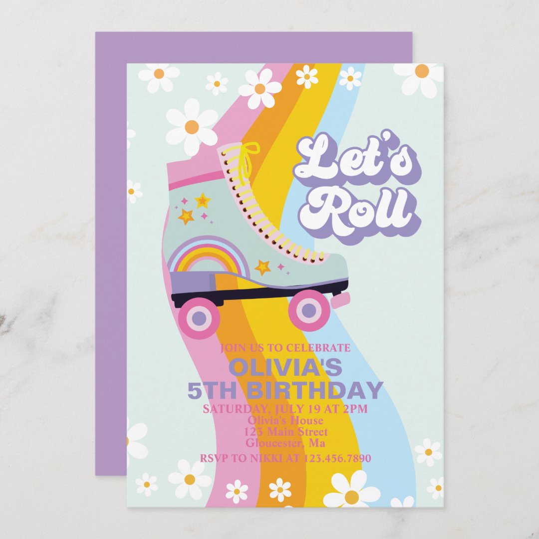 Roller skate groovy Retro Rainbow Birthday Invitation | Zazzle