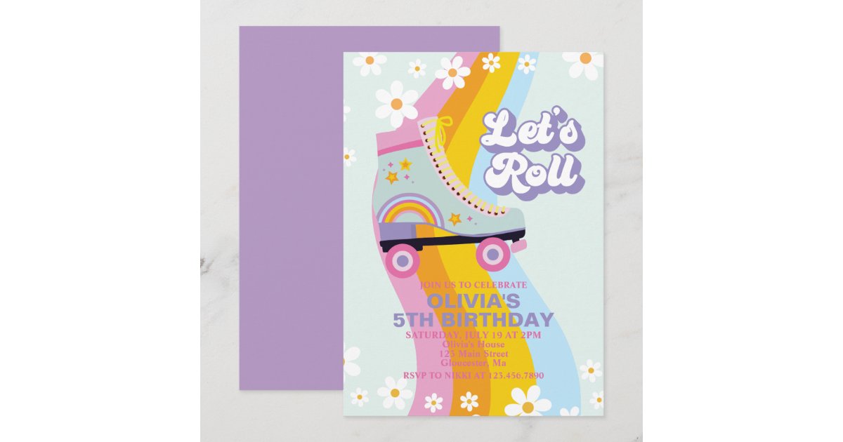 Roller skate groovy Retro Rainbow Birthday Invitation | Zazzle