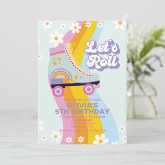 Roller skate groovy Retro Rainbow Birthday Invitation | Zazzle
