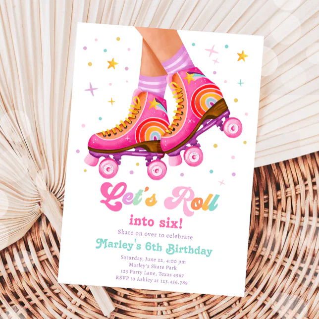 Roller Skate Let's Roll Skating Girl Birthday Invitation | Zazzle