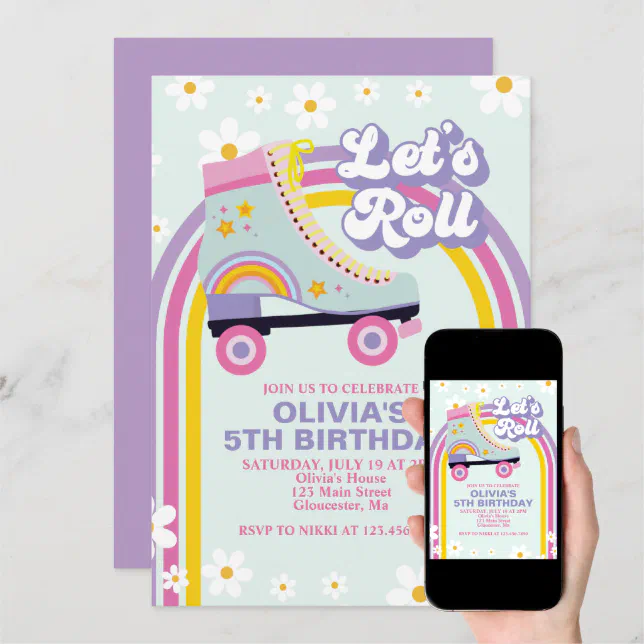 Roller skate Retro Rainbow Birthday Inv Invitation | Zazzle