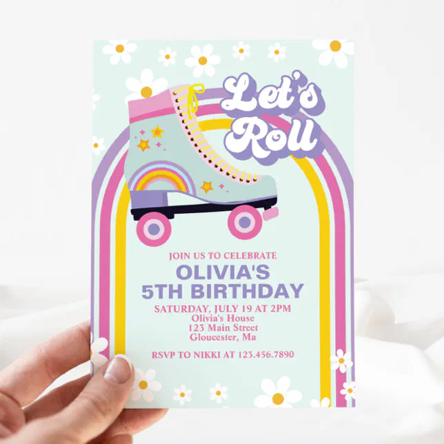 Roller skate Retro Rainbow Birthday Inv Invitation | Zazzle