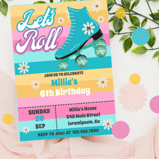 Roller Skate Retro Rainbow Birthday Party Invitation Zazzle