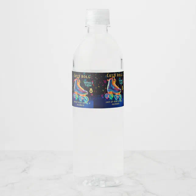 Roller Skate, Turning 8 Water Bottle Label | Zazzle
