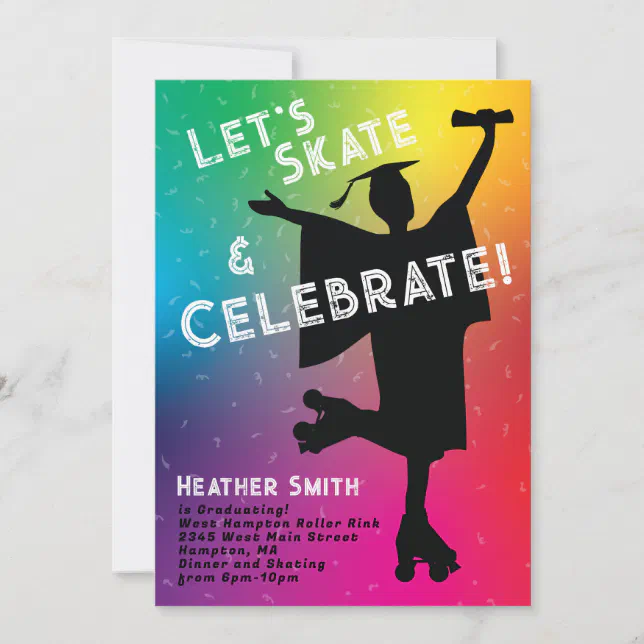 Roller Skating Graduation Party Rainbow Silhouette Invitation | Zazzle