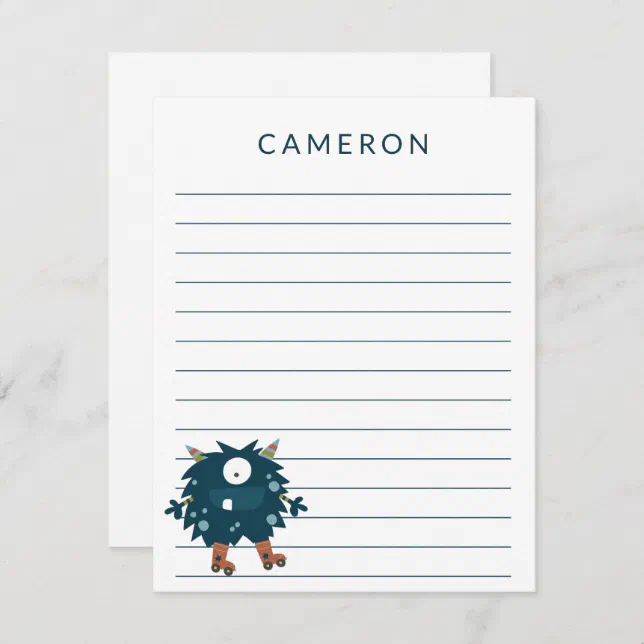 Roller Skating Monster Personalized Kids Lined Note Card | Zazzle