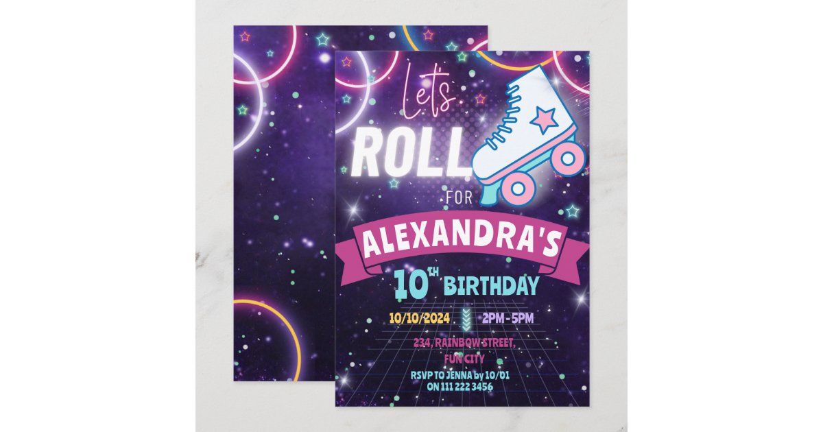 Roller Skating Neon Birthday Girl Glow Invitation | Zazzle