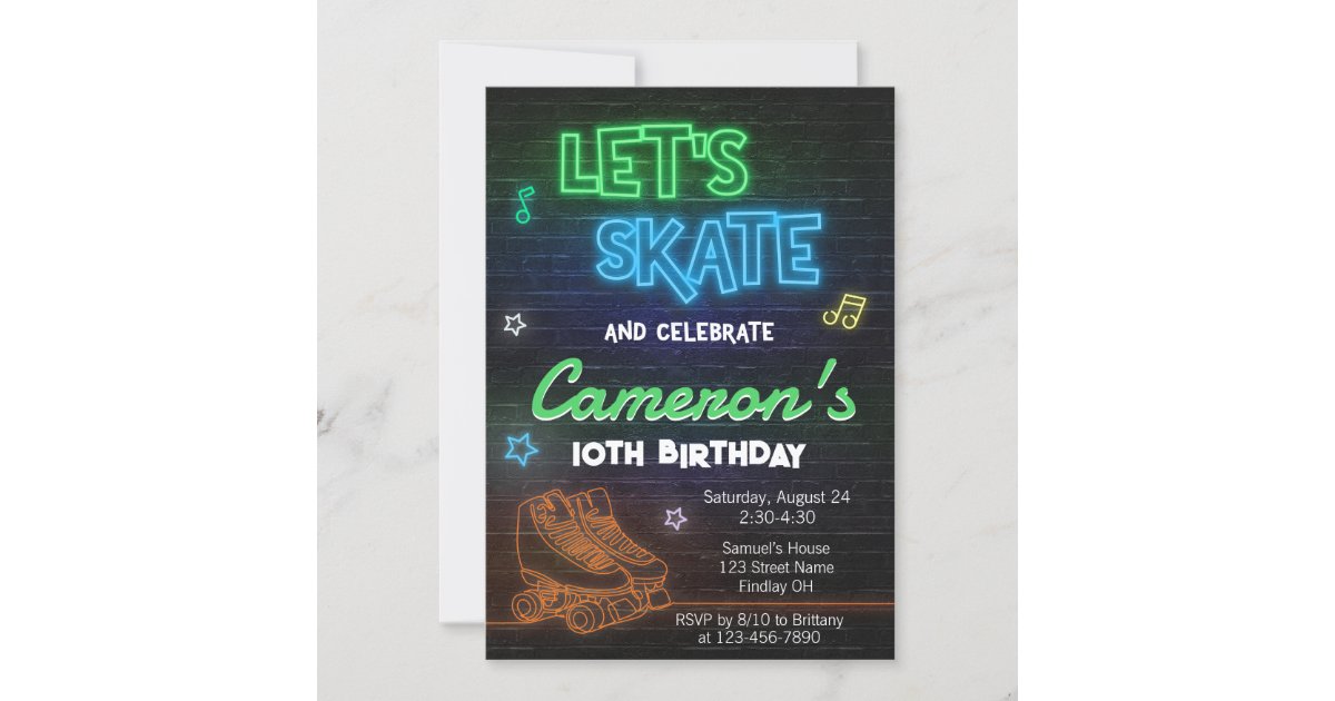 Roller Skating Rink Neon Birthday Party Invitation | Zazzle