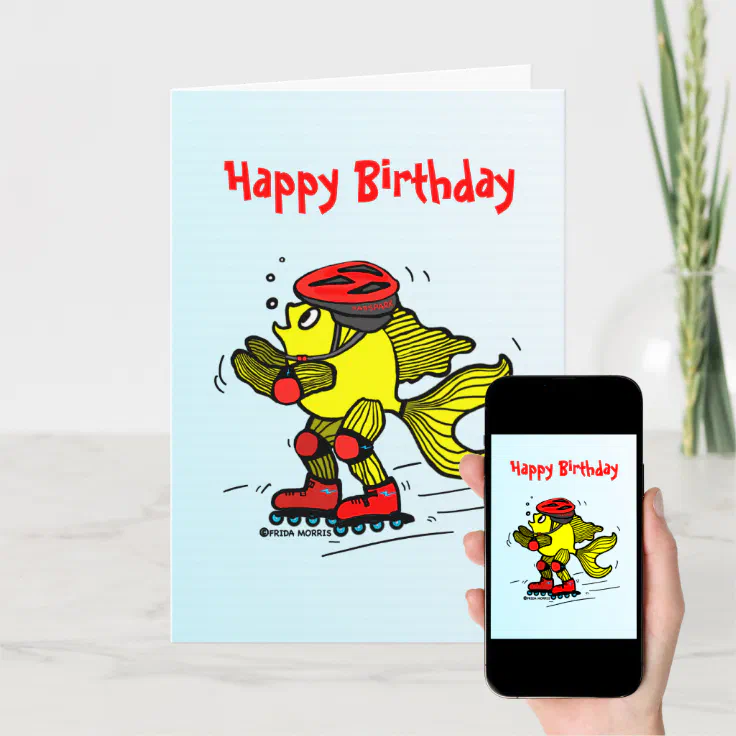 Rollerblade Fish funny Skating cartoon Card | Zazzle