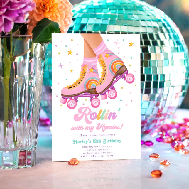 Rollin with my Homies Roller Skate Girl Birthday Invitation | Zazzle