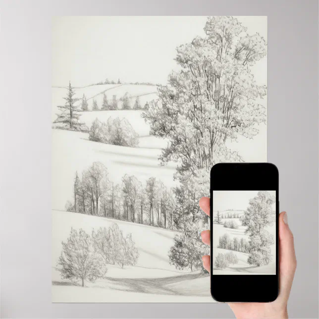 Rolling hills and trees Sketch, vintage etching, Poster | Zazzle