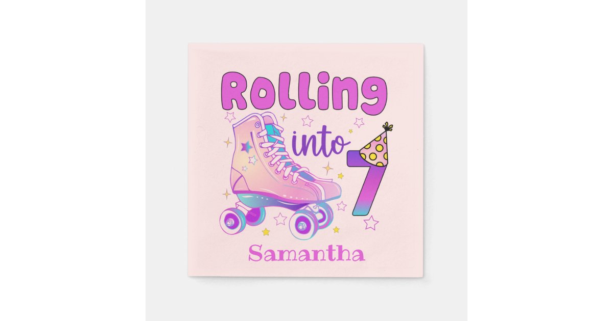 Rolling Into 7| Roller Skater Birthday Celebration Napkins | Zazzle
