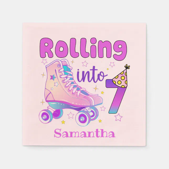 Rolling Into 7| Roller Skater Birthday Celebration Napkins | Zazzle