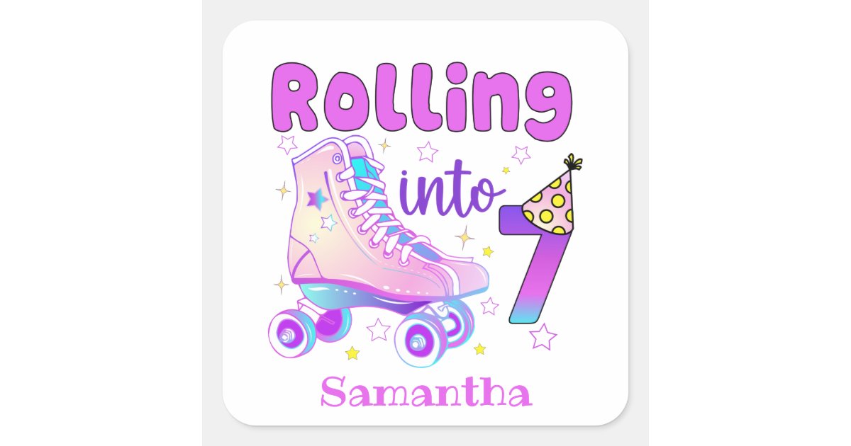 Rolling Into 7| Roller Skater Birthday Celebration Square Sticker | Zazzle