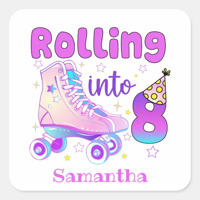 Rolling Into 8| Roller Skater Birthday Celebration Square Sticker | Zazzle