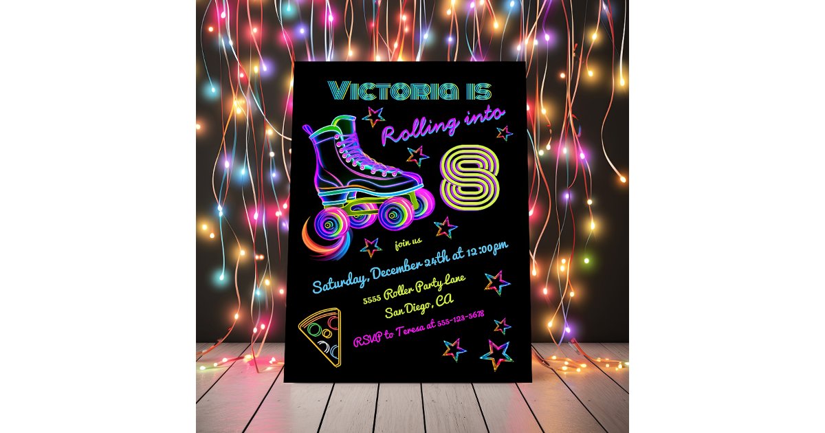 Rolling Neon Roller Skating Birthday Party Invitation | Zazzle