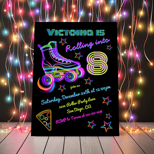 Rolling Neon Roller Skating Birthday Party Invitation | Zazzle
