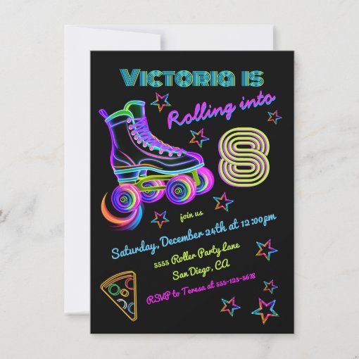 Rolling Neon Roller Skating Birthday Party Invitation | Zazzle