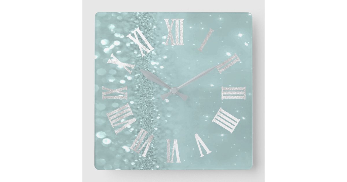 Roman Numbers Silver Gray Teal Mint Glitter Glam Square Wall Clock | Zazzle