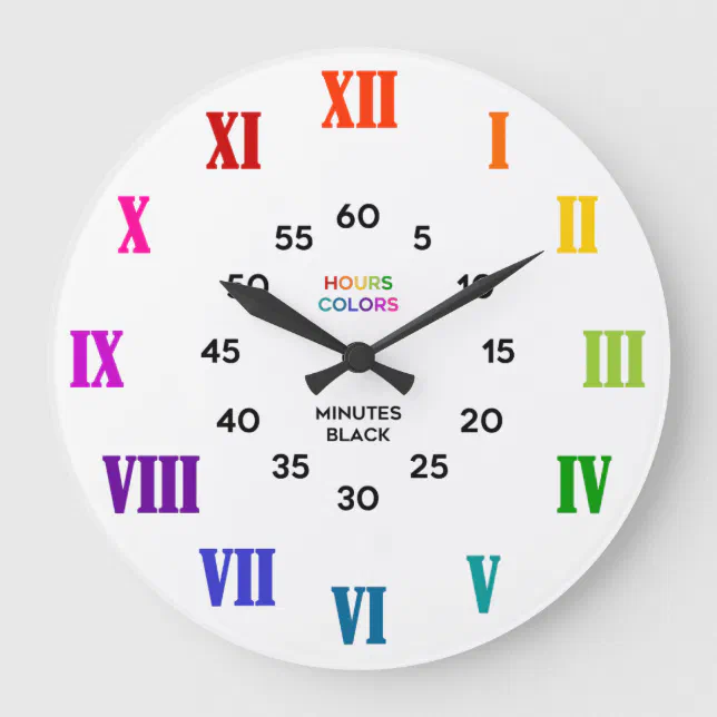 Roman Numeral Rainbow Learn to Tell Time Classroom Large Clock | Zazzle