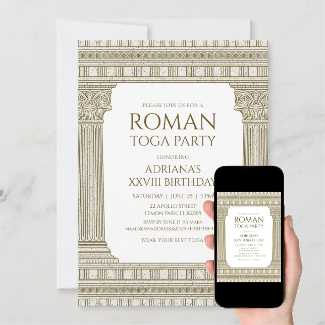 Roman Toga Party with elegant temple columns Invitation | Zazzle