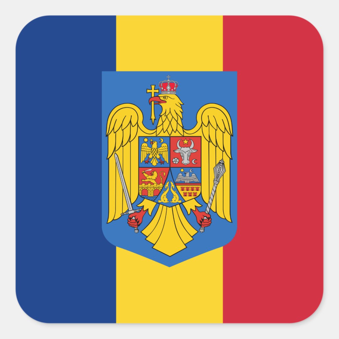 Romanian Flag & Coat of Arms, Flag of Romania Square Sticker | Zazzle