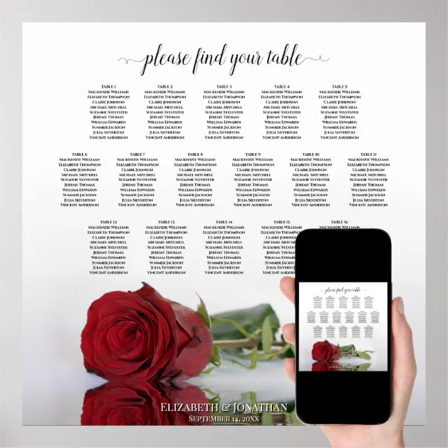 Romantic 16 Table Red Rose Wedding Seating Chart | Zazzle