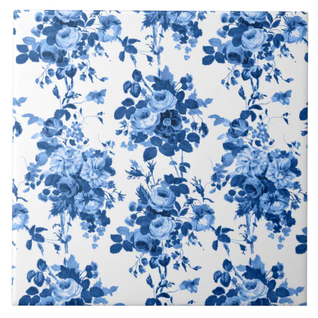 Romantic Antique Vintage Roses-Blue on White Ceramic Tile | Zazzle