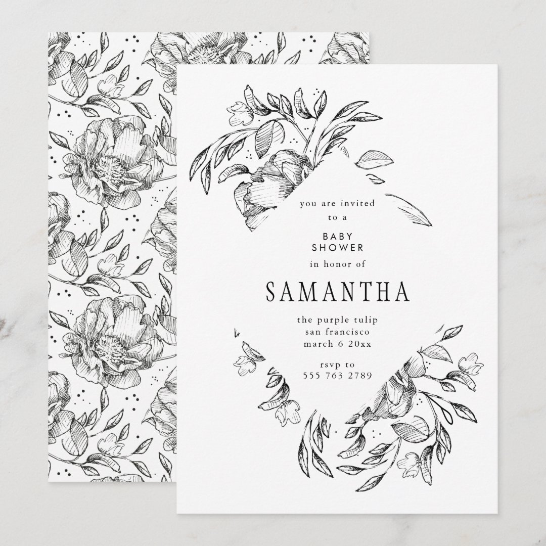 Romantic Black Floral Baby Shower Invitation | Zazzle