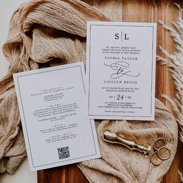 Romantic Black Traditional All In One Wedding Invitation | Zazzle