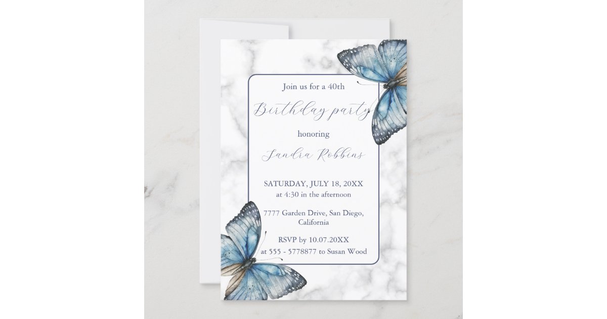 Romantic blue butterflies Birthday Invitation | Zazzle