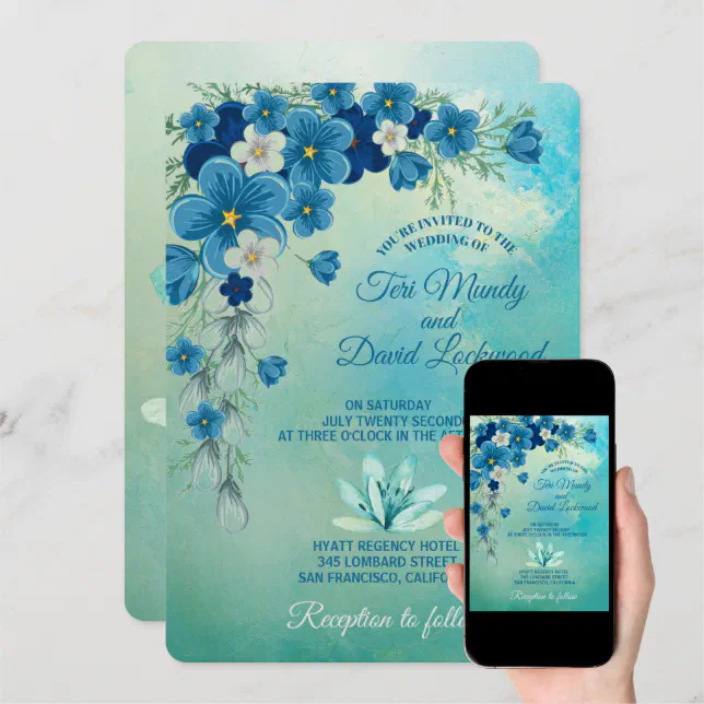 Romantic Blue/Green Floral Wedding Invitations | Zazzle