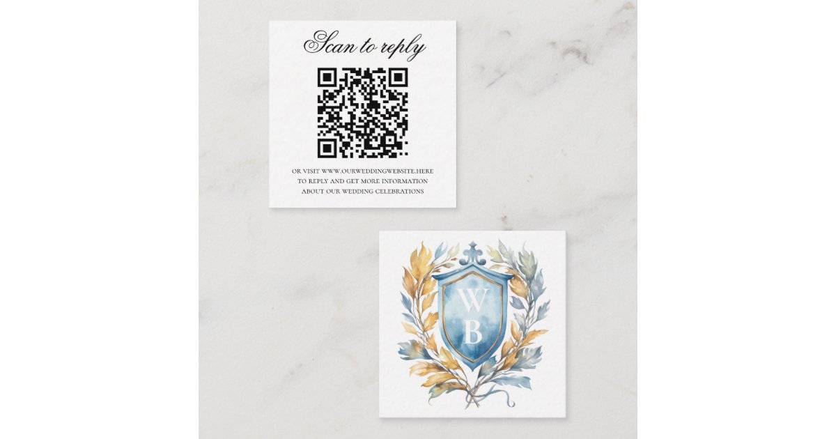Romantic Blue Monogram Crest Wedding QR Code Enclosure Card | Zazzle