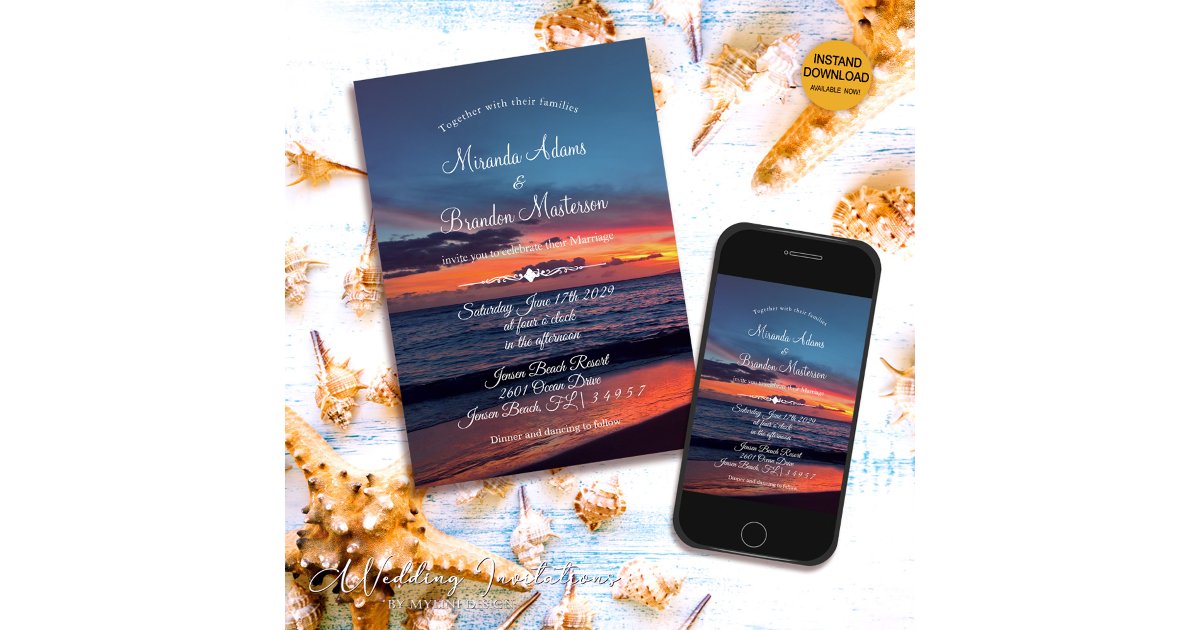 Romantic Blue Sunset Tropical Beach Wedding Invitation | Zazzle