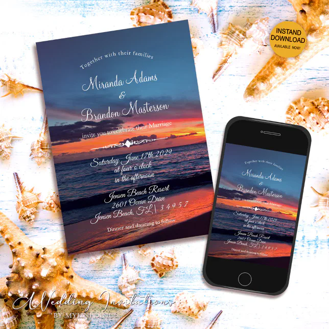 Romantic Blue Sunset Tropical Beach Wedding Invitation | Zazzle