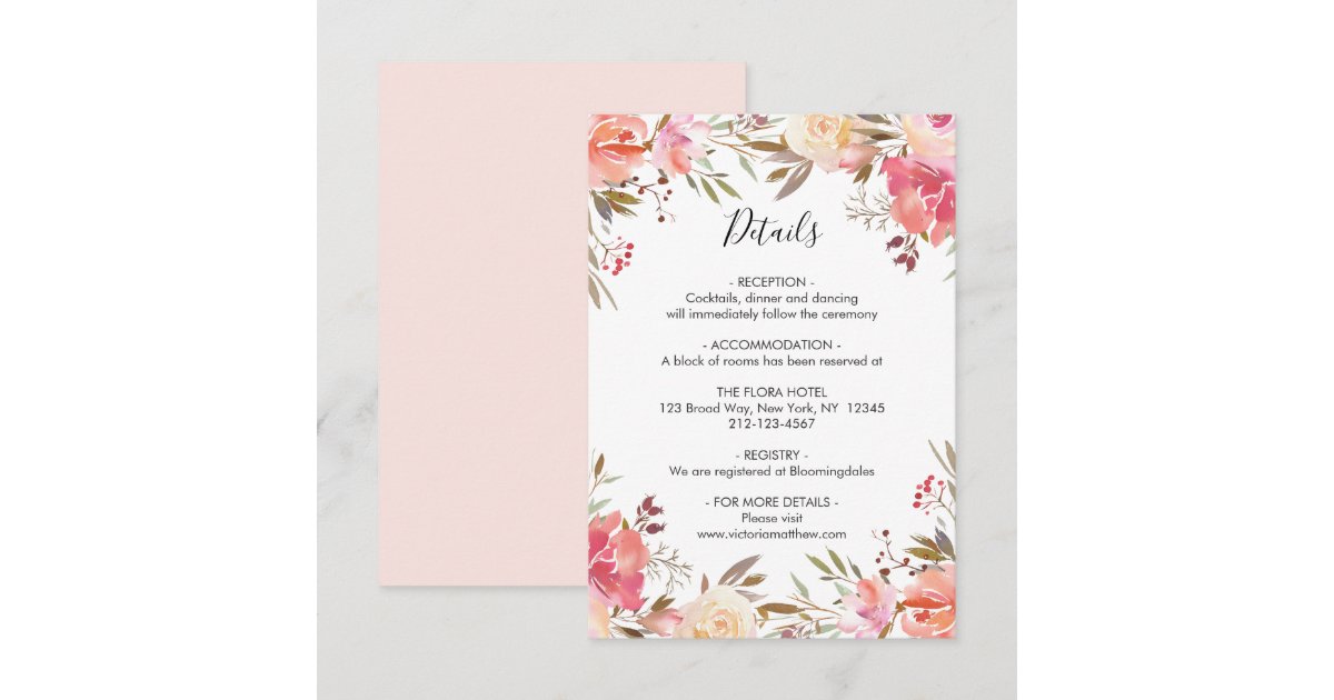 Romantic Blush Bloom Floral Wedding Details Invitation | Zazzle