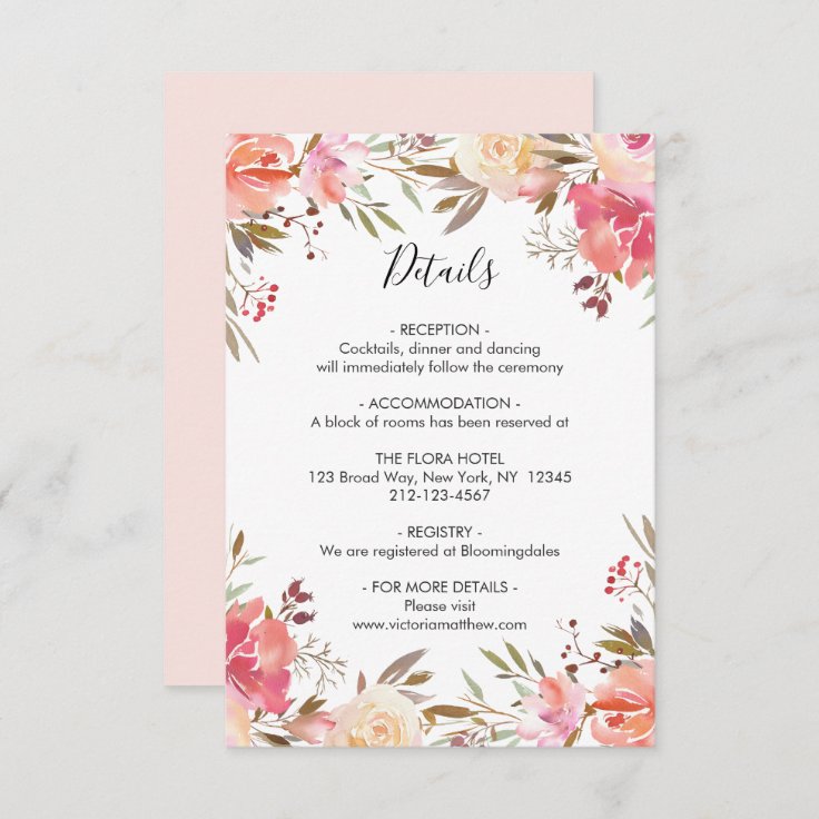 Romantic Blush Bloom Floral Wedding Details Invitation | Zazzle