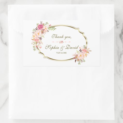 Romantic Blush Pink Floral Gold Frame Wedding Rectangular Sticker Zazzle