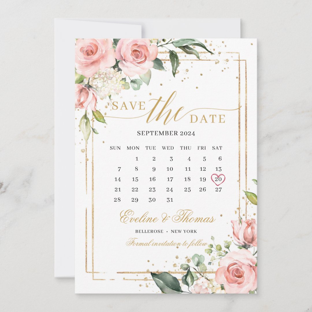 Romantic Blush Pink Floral Gold Frame Wedding Save The Date Zazzle