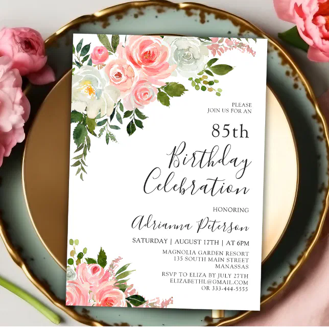 Romantic Botanical Blush Rose Floral 85th Birthday Invitation | Zazzle