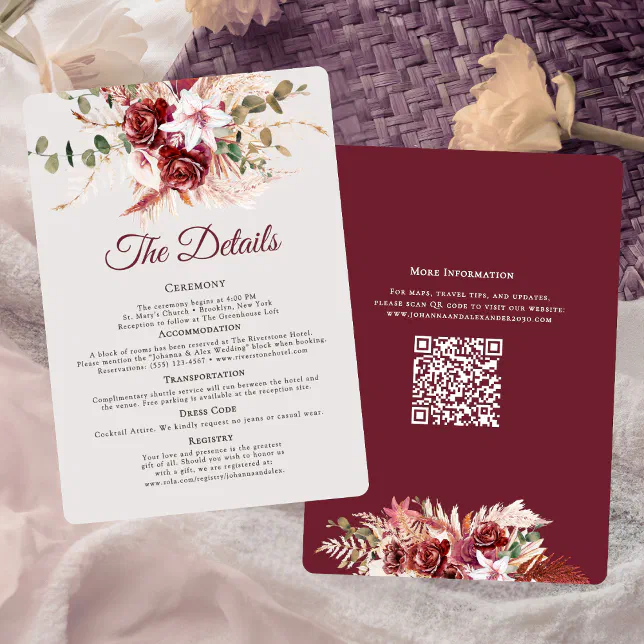 Romantic Burgundy & Blush QR Code Wedding Details Enclosure Card | Zazzle