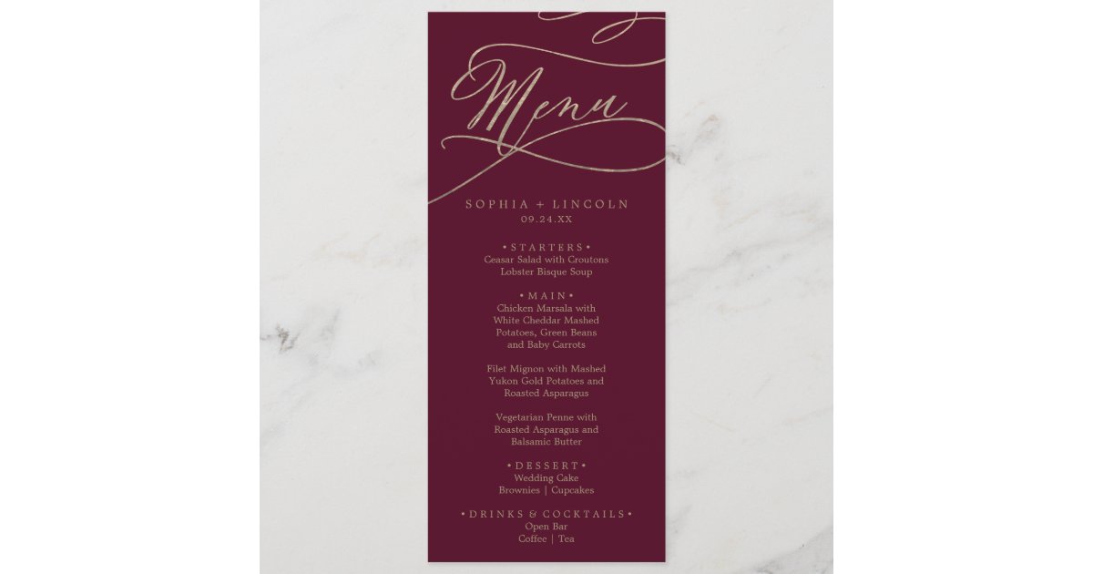 Romantic Burgundy Calligraphy Wedding Dinner Menu | Zazzle