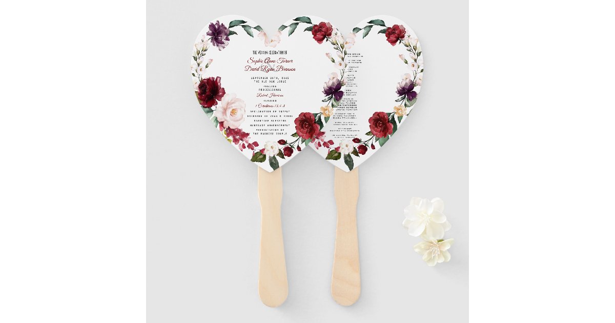 Romantic Burgundy Pink Floral Wedding Program Hand Fan | Zazzle